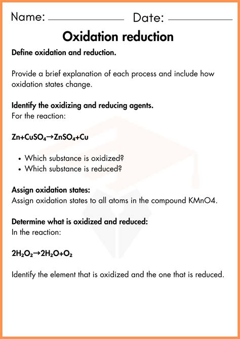 Oxidation Reduction Worksheets