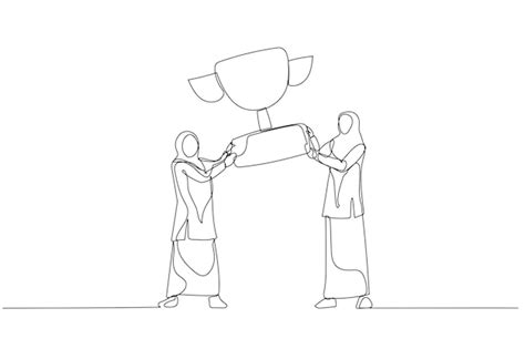 팀워크 한 줄 스타일 아트에 황금 트로피 개념을 들고 목에 메달을 들고 서 있는 이슬람 사업가의 그림 프리미엄 벡터