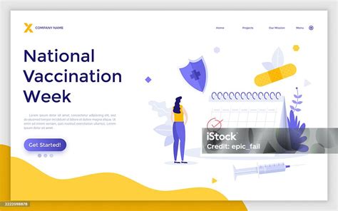 달력 주사기를 보는 여자와 함께 랜딩 페이지 예방 접종 또는 예방 접종 일정의 개념 바이러스 감염에 대한 백신의 계획 시기 및