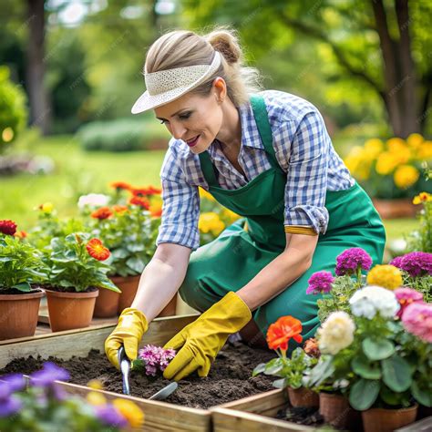 Gardener Planting Flowers In Garden Premium Ai Generated Image