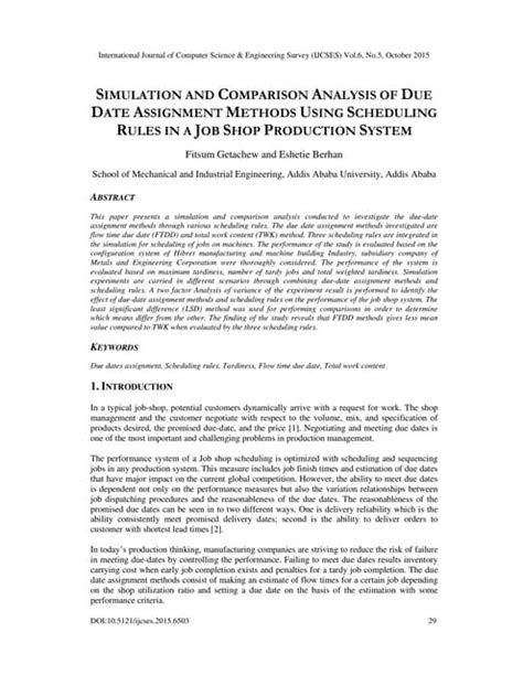 Simulation And Comparison Analysis Of Due Date Assignment Methods Using Scheduling Rules In A