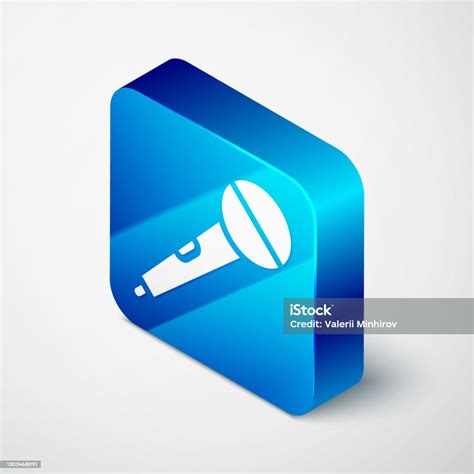 회색 배경에서 격리된 등색 마이크 아이콘입니다 공기 라디오 마이크 마이크에 스피커 기호입니다 파란색 정사각형 버튼 벡터 3차원