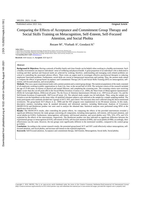 Pdf Comparing The Effects Of Acceptance And Commitment Group Therapy And Social Skills