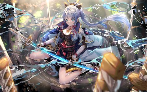 Warrior Anime Girl With Blue Hair With Blue Light Sword In Hand On 6k