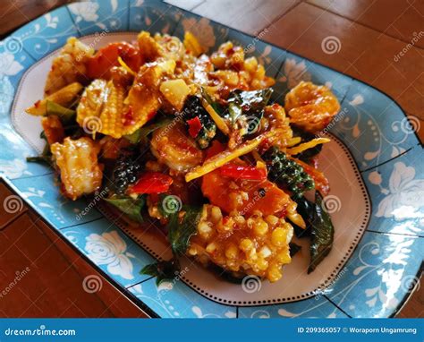 Phad Cha Talay Stir Fried Seafood With Spicy Herb Stock Image Image