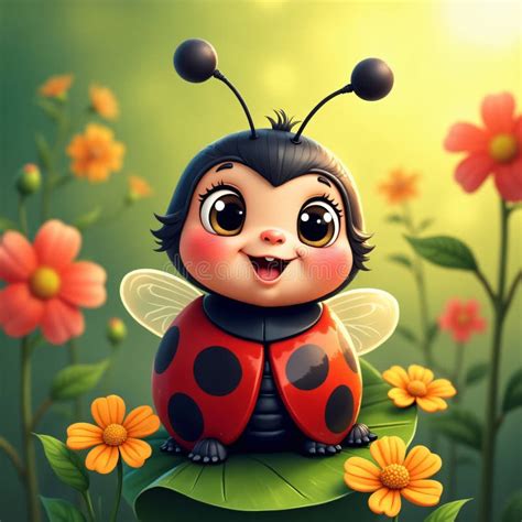 Cute Cartoon Ladybug With Big Eyes And A Happy Smile On A Leaf Stock