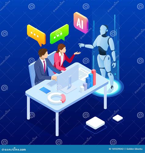 Isometric Man And Woman With Robot Artificial Intelligence Working Robot Working With Virtual