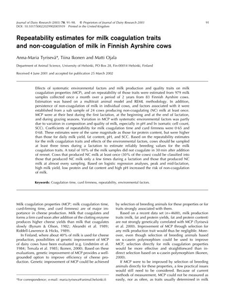 Pdf Repeatability Estimates For Milk Coagulation Traits And Non Coagulation Of Milk In Finnish
