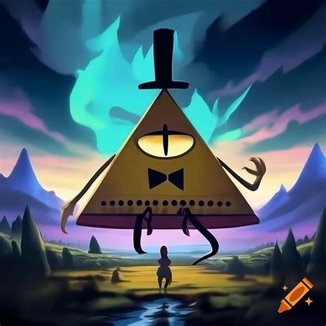 Bill Cipher The Triangle Character From Gravity Falls Towering Over Landscape On Craiyon