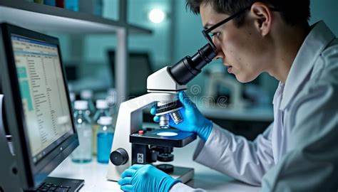 Scientist Analyzing Sample Through Microscope In Laboratory Setting Stock Illustration
