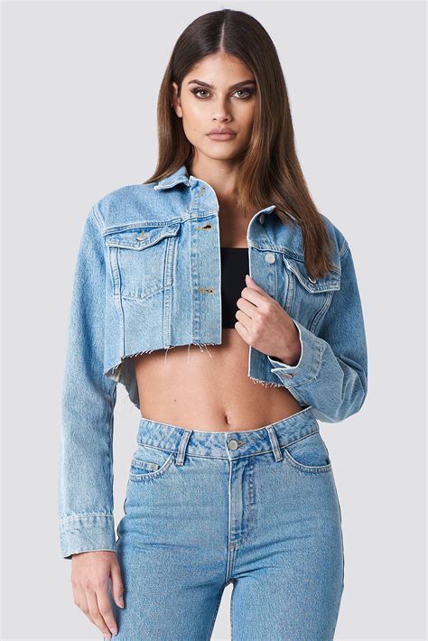 Short Raw Hem Denim Jacket Light Blue Denim Na