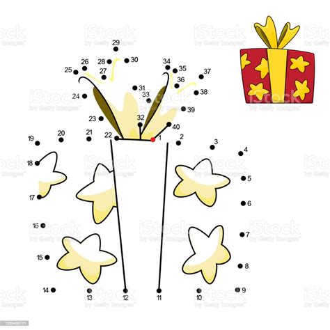 숫자에 점 게임과 아이들을위한 답변 기프트 박스 숫자로 점을 연결하고 그림을 완성합니다 휴일 만화 선물 상자와 교육 게임 및