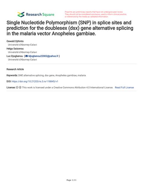 Pdf Single Nucleotide Polymorphism Snp In Splice Sites And Prediction For The Doublesex Dsx