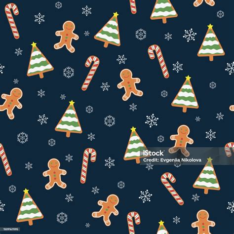 진저 브레드 원활한 패턴입니다 진저브레드 맨 사탕 지팡이 크리스마스 트리 파란색에 눈송이가 있는 축제 크리스마스 배경 벡터 그림입니다 0명에 대한 스톡 벡터 아트 및 기타