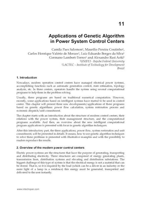 Pdf Applications Of Genetic Algorithm In Power System Control · 11 Applications Of