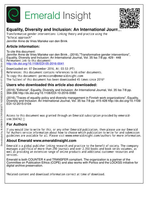 Pdf Transformative Gender Interventions Linking Theory And Practice Using The Bifocal Approach”