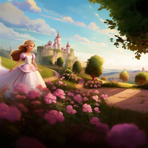 There Is A Beautiful Princess Walking Through A Garden With Flowers