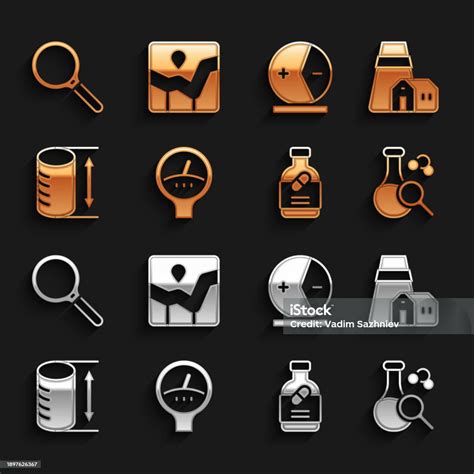 게이지 스케일 발전소 공장 시험관 약병과 알약 높이 기하학적 도형 원자 돋보기 및 그래프 차트 인포 그래픽 아이콘을 설정합니다 벡터 0명에 대한 스톡 벡터 아트 및 기타