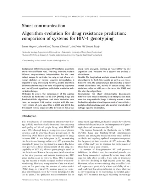 Pdf Algorithm Evolution For Drug Resistance Prediction Comparison Of