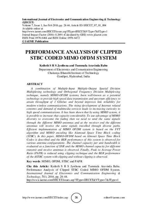 pdf performance analysis of clipped stbc coded mimo ofdm system