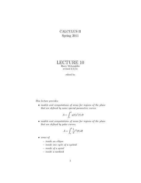area using parametric models calculus ii lecture notes math 1020