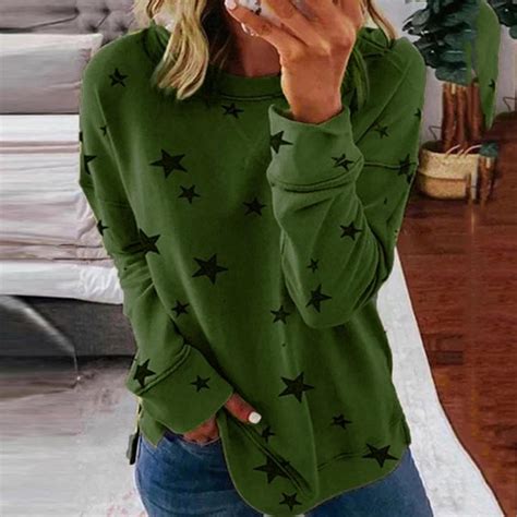 Buy Women Round Neck Long Sleeve Star Print Side Split Pullover