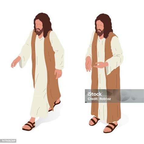예수 서서 정면 및 측면보기 아이소메트릭 벡터 일러스트레이션 격리된 그림 예수에 대한 스톡 벡터 아트 및 기타 이미지 예수 샌들 인체 Istock