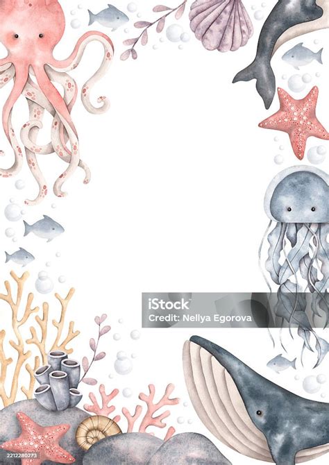 바다 고래 문어 해파리 불가사리가 있는 수채화 손으로 그린 프레임 물고기 해초 산호 조개 및 거품 수중 세계의 동식물 바다를 테마로 한 템플릿 카드입니다 아이들을 위한