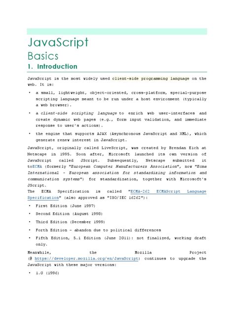Javascript Basics And History Pdf Java Script Html Element