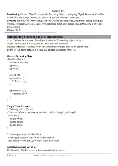 Oop With Java Module 2 Introducing Classes And Methods Concepts Studocu