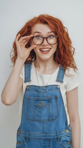 Lively Redhead Impressed Happy Girl Wear Denim Overalls Smiling Amazed