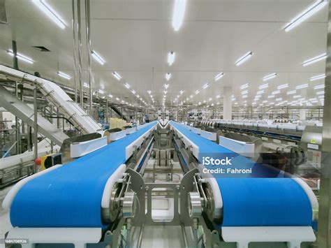 식품 가공 공장의 생산 라인에 있는 빈 컨베이어 벨트 가금류 가공 산업 생 닭고기 생산 라인 가금류 가공 공장 육계 고기 공정의 자동 기계 식품 가공 공장에 대한 스톡 사진