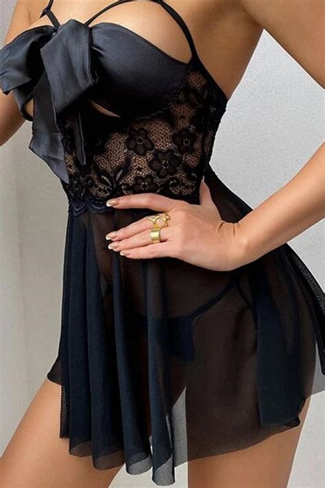 Black Mesh Unwrap Me Bow Tie Sexy Slip Lingerie Dress Set With Thong 7