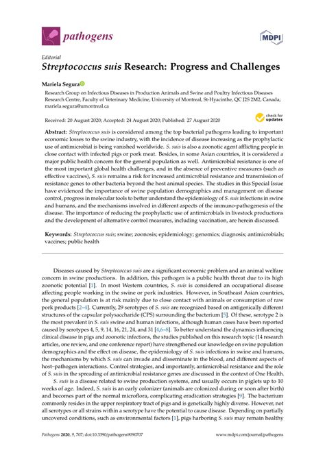 pdf streptococcus suis research progress and challenges