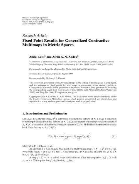Pdf Fixed Point Results For Generalized Contractive Multimaps In Metric Spaces