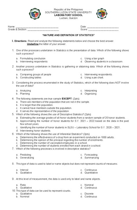 Nature And Types Of Data Quiz Republic Of The Philippines SOUTHERN LUZON STATE UNIVERSITY