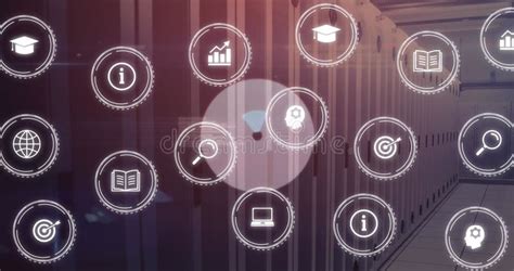 Image Of Multiple Digital Icons And Round Shape In Seamless Pattern Against Computer Server Room