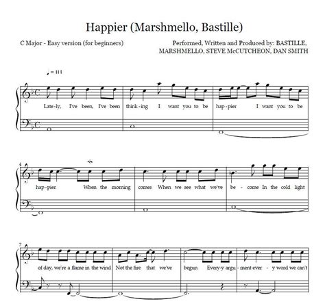 Marshmello Happier Ft Bastille Piano Sheet Music For Beginners C