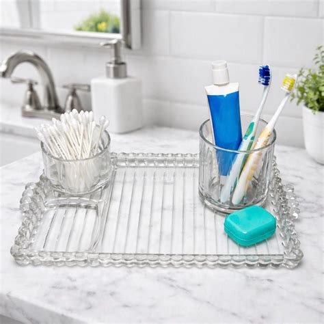 Ribbed Glass Vanity Tray Set With Matching Cup Beaded Edge Bathroom