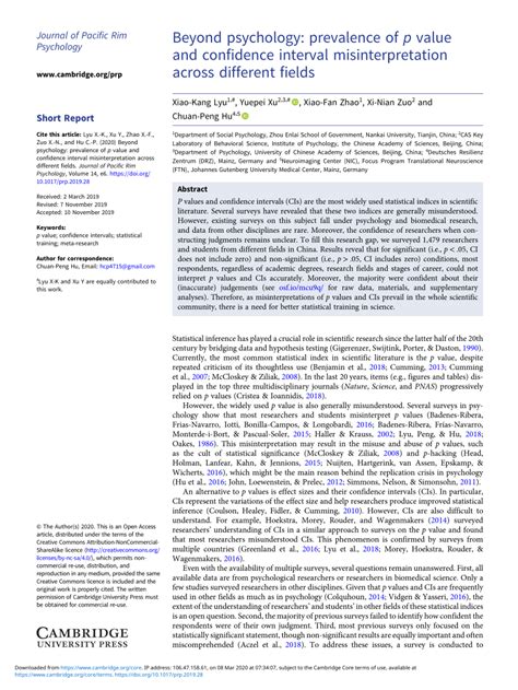 Pdf Beyond Psychology Prevalence Of P Value And Confidence Interval Misinterpretation Across