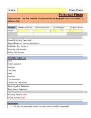 Excel Basic Formulas And Functions Lesson 3 2 Xlsx Name Class Period Personal Financial