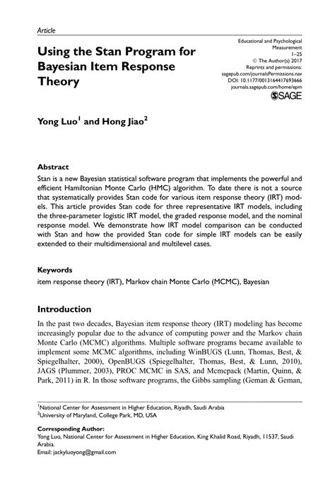 Pdf Using The Stan Program For Bayesian Item Response Theory