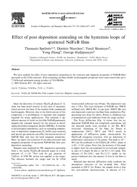 Pdf Effect Of Post Deposition Annealing On The Hysteresis Loops Of Sputtered Ndfeb Films