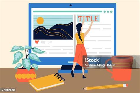 카피라이터는 일합니다 텍스트 제목 편집 테이블 위의 컴퓨터 화면과 작은 여자 프리랜서 웹 작업 블로거 콘텐츠 제작 저자 기사 카피라이팅 블로그 관리 벡터 개념 개념에 대한