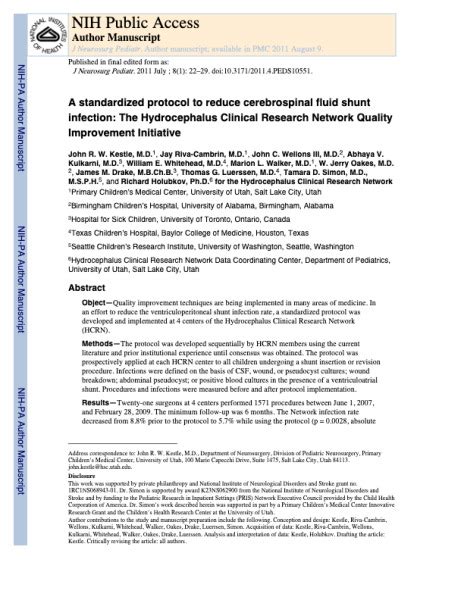 A Standardized Protocol To Reduce Cerebrospinal Fluid Shunt Infection