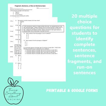 Fragment Run On Or Sentence Test Printable And Google TPT