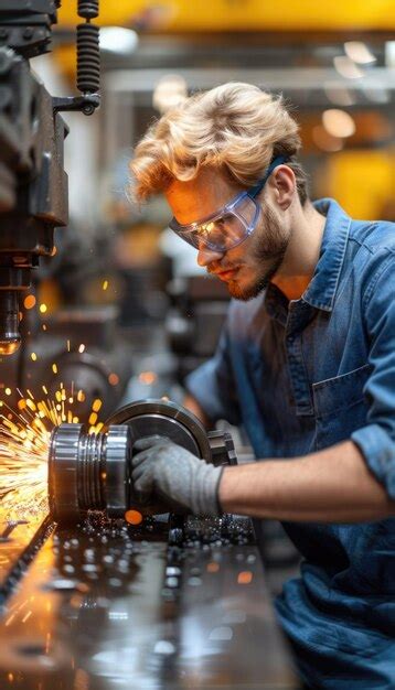Young Man In Safety Goggles Operates Machinery And Grinds Metal In A