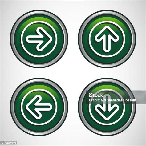 오른쪽 왼쪽 위쪽 아래쪽 화살표 아이콘 디자인 그림 앱 및 웹 사이트 용 화살표 기호 녹색 라운드 버튼 디자인 3차원 형태에 대한 스톡 벡터 아트 및 기타 이미지 Istock