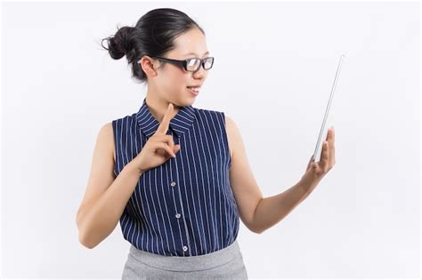 Premium Photo Businesswoman Holding Tablet In Hands Isolated