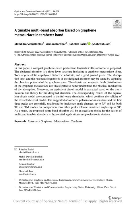 A Tunable Multi Band Absorber Based On Graphene Metasurface In Terahertz Band Request Pdf